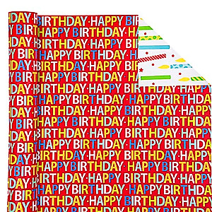 WRAPAHOLIC Birthday Reversible Wrapping Paper - Mini Roll - 17 Inch X 33 Feet - Happy Birthday Lettering on Red Design for Birthday, Holiday, Party, Baby Shower