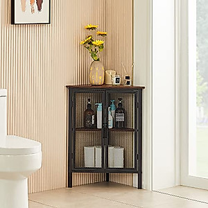 VECELO 3-Tier Cabinet/Table, Display Shelves with Free Standing Storage Mesh Small Space, Living Room, Kitchen, Bedroom, Corner Shelf with Door, Brown