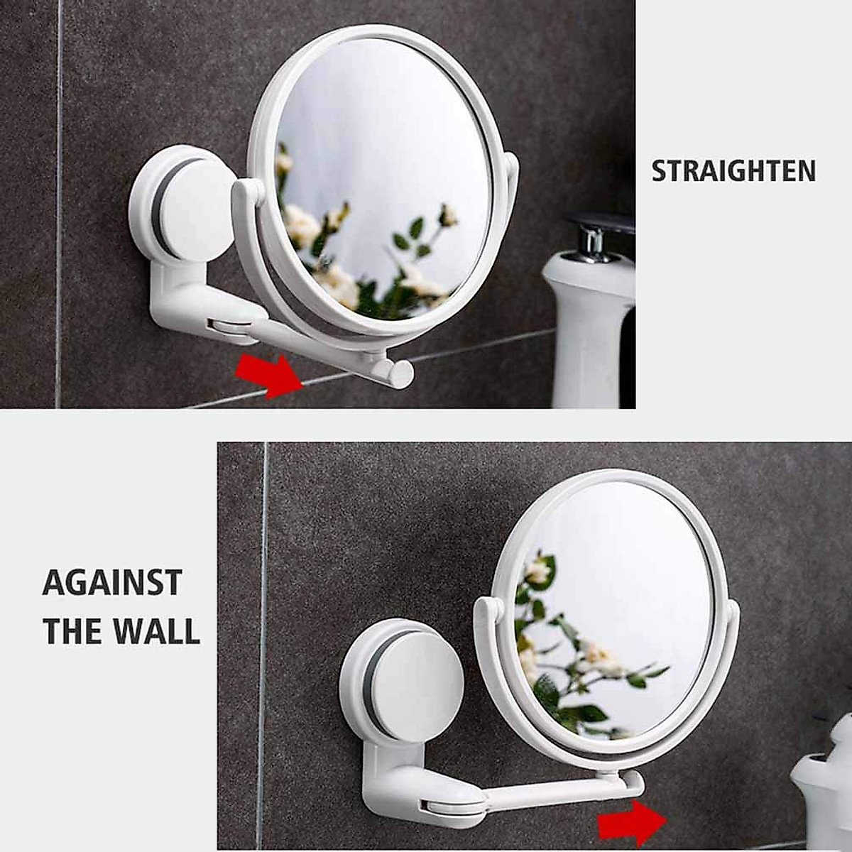 KARAOT Double-Sided Vanity Mirror, Bathroom Shaving Mirror, Wall Mounted Round Cosmetic Vanity, 2X Magnification, 360° Free Rotation and Extendable, Height Adjustable, Folding Arm, Ideal for Gifts