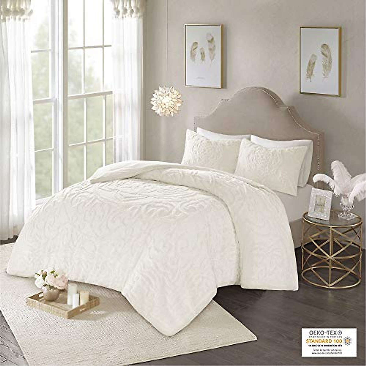 Madison Park Laetitia Comforter Bohemian Tufted Cotton Chenille, Medallion Shabby Chic All Season Down Alternative Bed Set with Matching Shams, Floral Off White King/Cal King(104"x92") 3 Piece