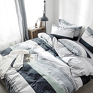 VClife Cotton Twin Duvet Cover White Grey Blue Stripe Comforter Quilt & Pillow Protector Cover Sets Simple Style Geometry Bedding Sets, 1 Twin Size Duvet Cover 68" x 86" & 2 Pillow Shams 20" x26"