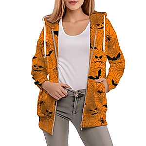 ADDARTS Cute Sweatshirts for Women Spider Bats 3D Printed Zip Up Hoodie Fall Jacket Funny Casual Drawstring Outfit L