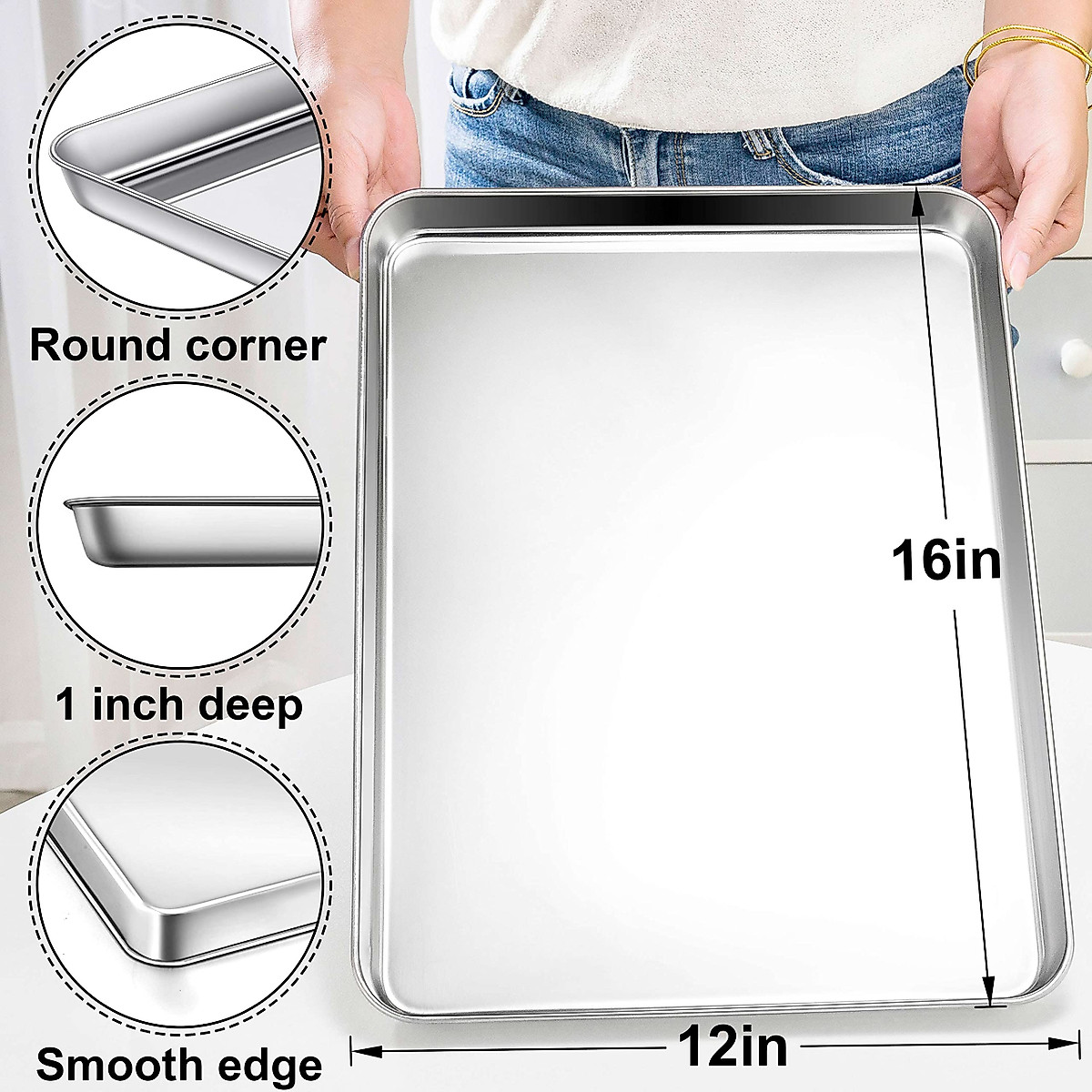 Homikit Baking Pan Cookie Sheet Set of 2, 16 x 12 Stainless Steel Rimmed Half Sheet, Metal Flat Cooking Tray Pans for Oven Baking Toasting, Rust free & Heavy Duty, Nonstick & Dishwasher Safe