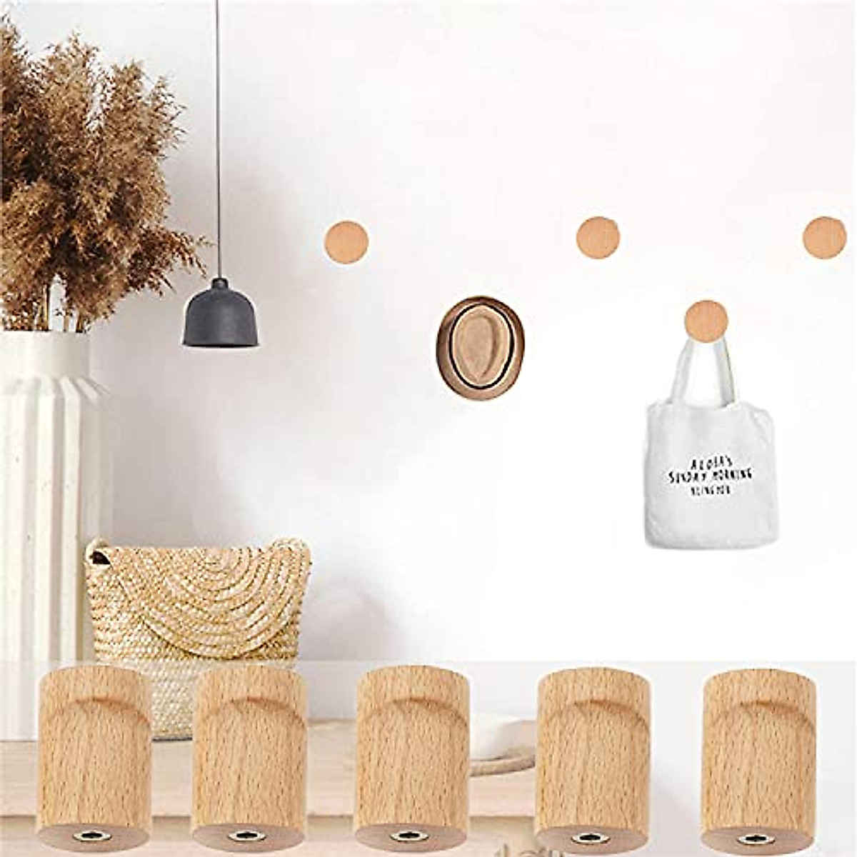 AULEST Wood Wall Hooks 5 PCS, Wooden Pegs Hooks Natural Handmade Home Decor Coat Hanger Wall Mounted for Hanging Robe Bag Purse Towel (Beech Wood)