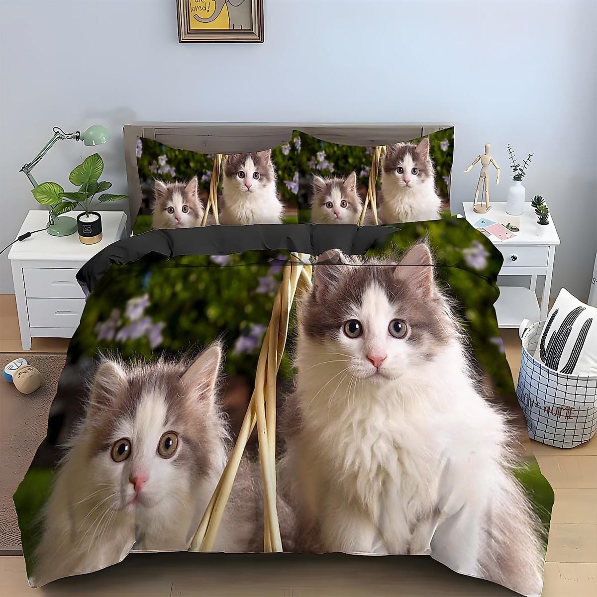 HRBK Dark Green Puppet Cat Duvet Cover Twin - Animal Pattern Bedding Set Super Soft Comforter Cover + 2 Pillowcases 20"x26", 110gsm Microfiber Comfortable Duvet Covers 3 Piece with Zipper