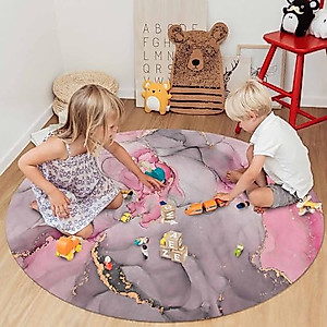 Pink Marble Area Rug Carpet for Kids Teen Girls Boys Bedroom, Living Room, Washable Outdoor Indoor Accent Throw Runner Floor Mat Area+Rug Gold Line Contemporary Geometric Grey 6FT(Round)