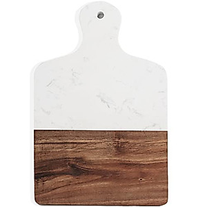 Azauvc Cutting Board with Marble and Natural Wood,Serving Board for Steak Fruits with Handle,Chopping Board for Bread as Serving Trays (White)