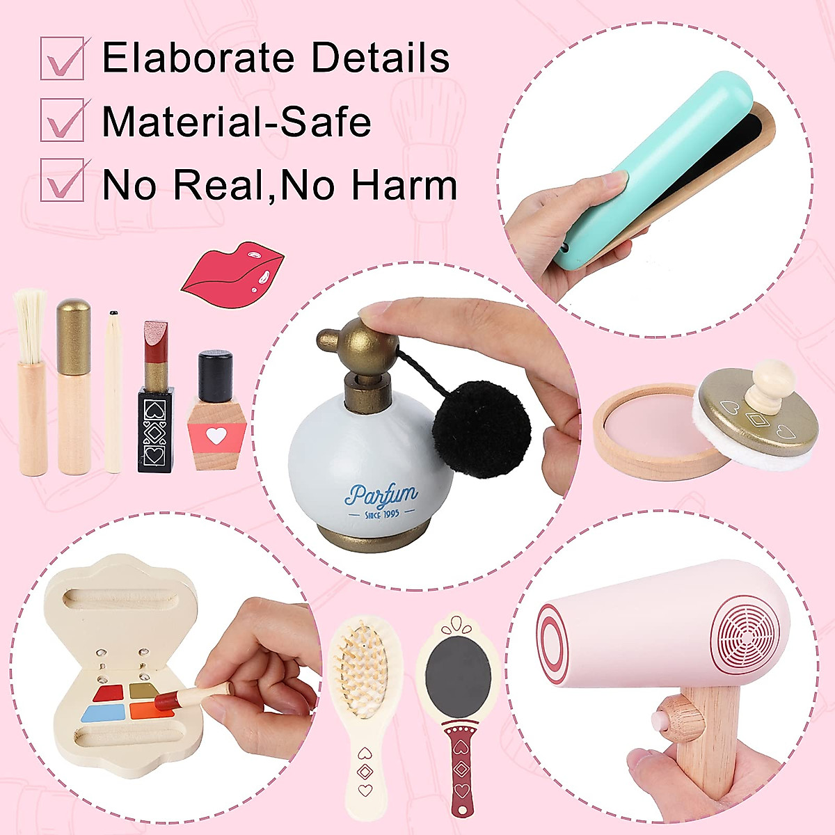 XAOHAO Pretend Play,Wooden Beauty Salon Toys for Girls, Make Up Set Toy Gift,15 Pieces Makeup Play Set with Makeup,Perfume,Lipstick,Mirror, Hair Dryer,Mascara, Cosmetics Case and Storage Bag