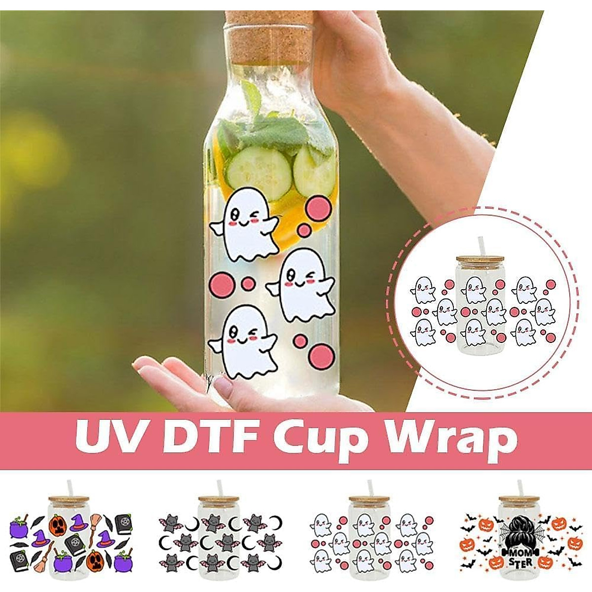 Gray Bat Halloween UV DTF Cup Wrap,Horror Printed Glass Cup Wrap,Cute Ghost Pumpkin Waterproof Cup Wraps Sticker Tumbler Wrap Transfers Decal Rub on Transfers Iron-on Transfers