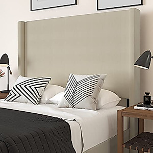 Merrick Lane Bramlett Modern Full Size Platform Bed Frame with Padded Faux Linen Upholstered Wingback Headboard and Wood Support Slats in Beige