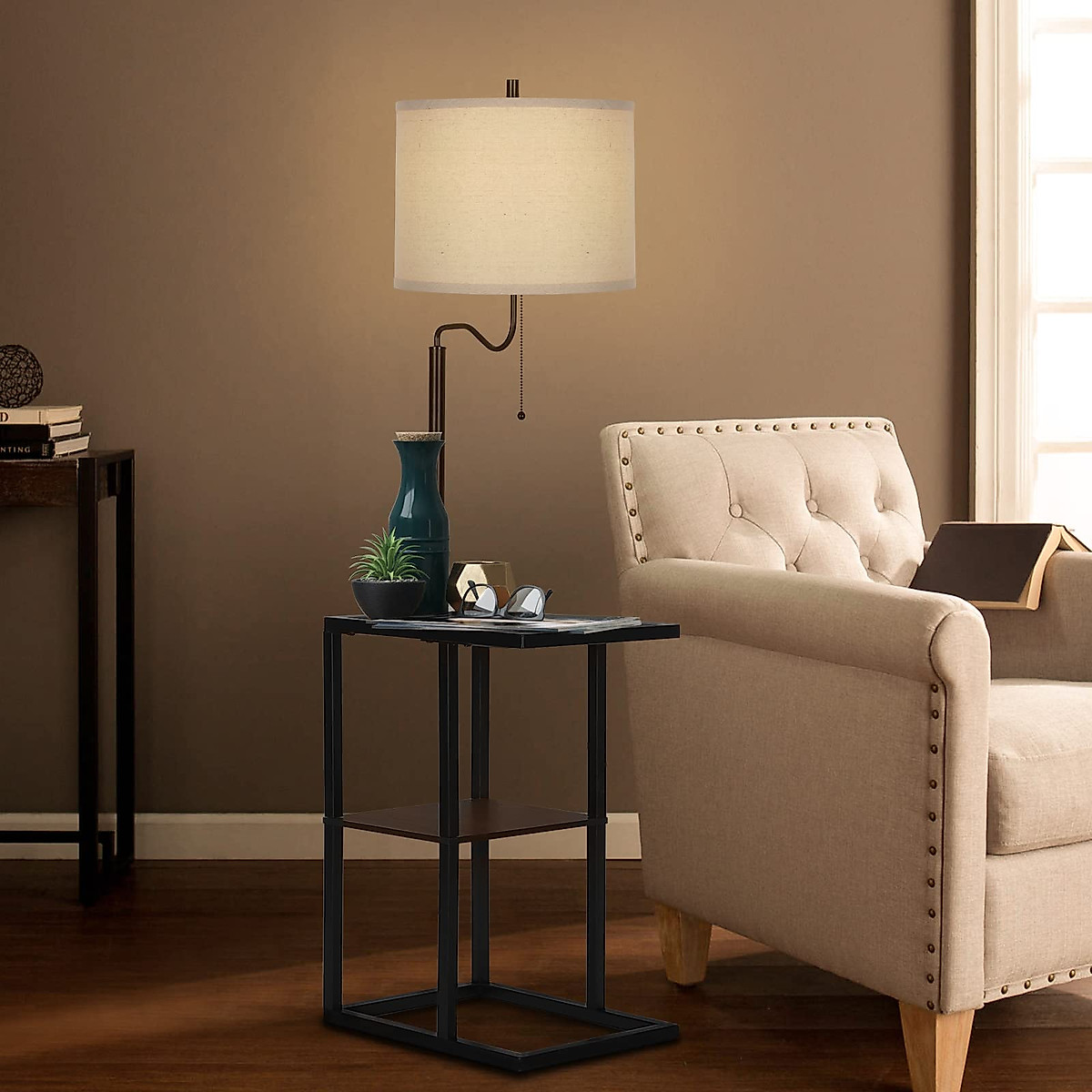 hykolity Floor Lamp W/ End Table and USB Charging Port, Modern Bedside Nightstand Lighting, Walnut Attached Side Table W/ Shelves for Living Room, Bedroom, Guest Room, Bulb Sold Separately