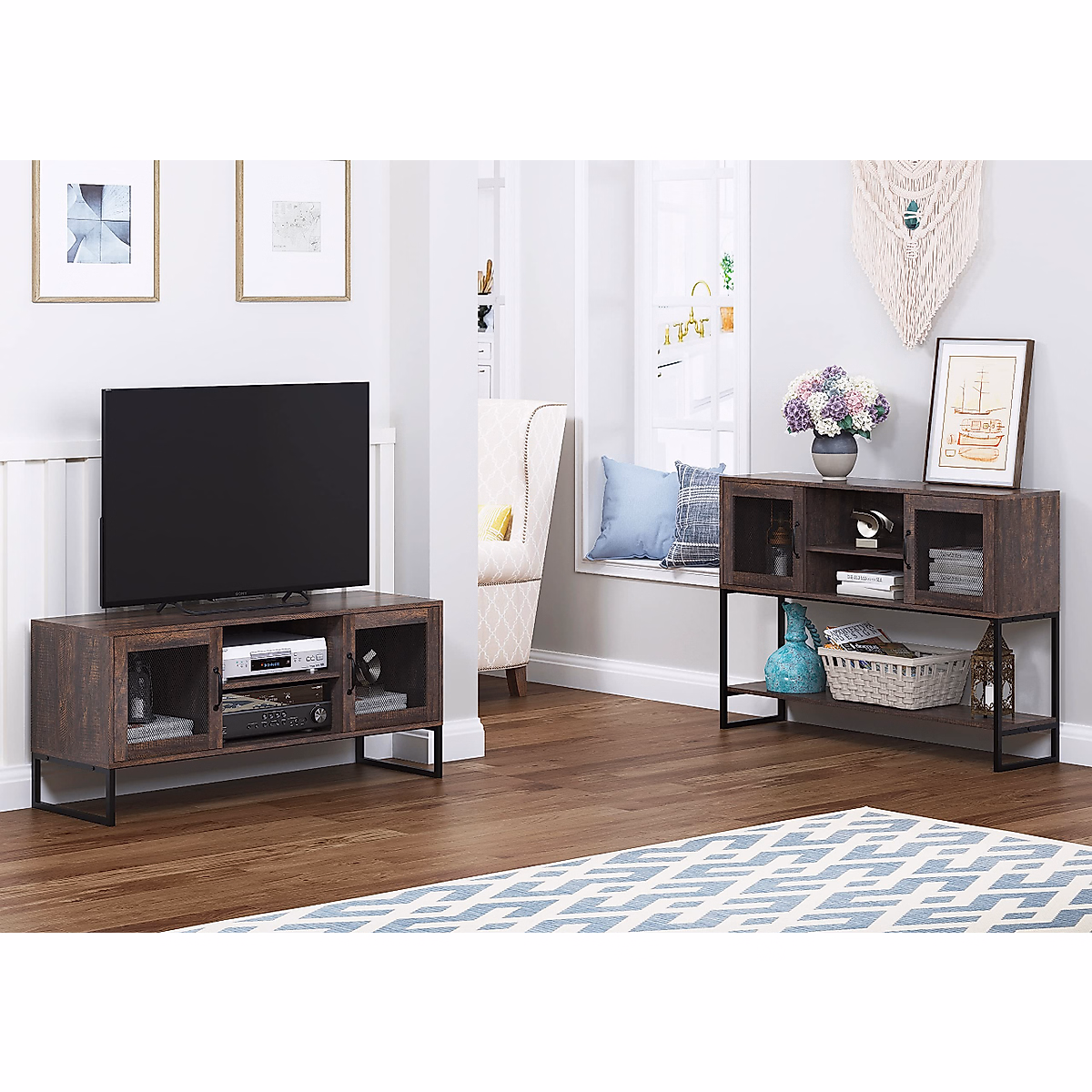 Spirich 48" Composite TV Stand, Fits TVs Up to 48 "with Metal Mesh Doors,Walnut