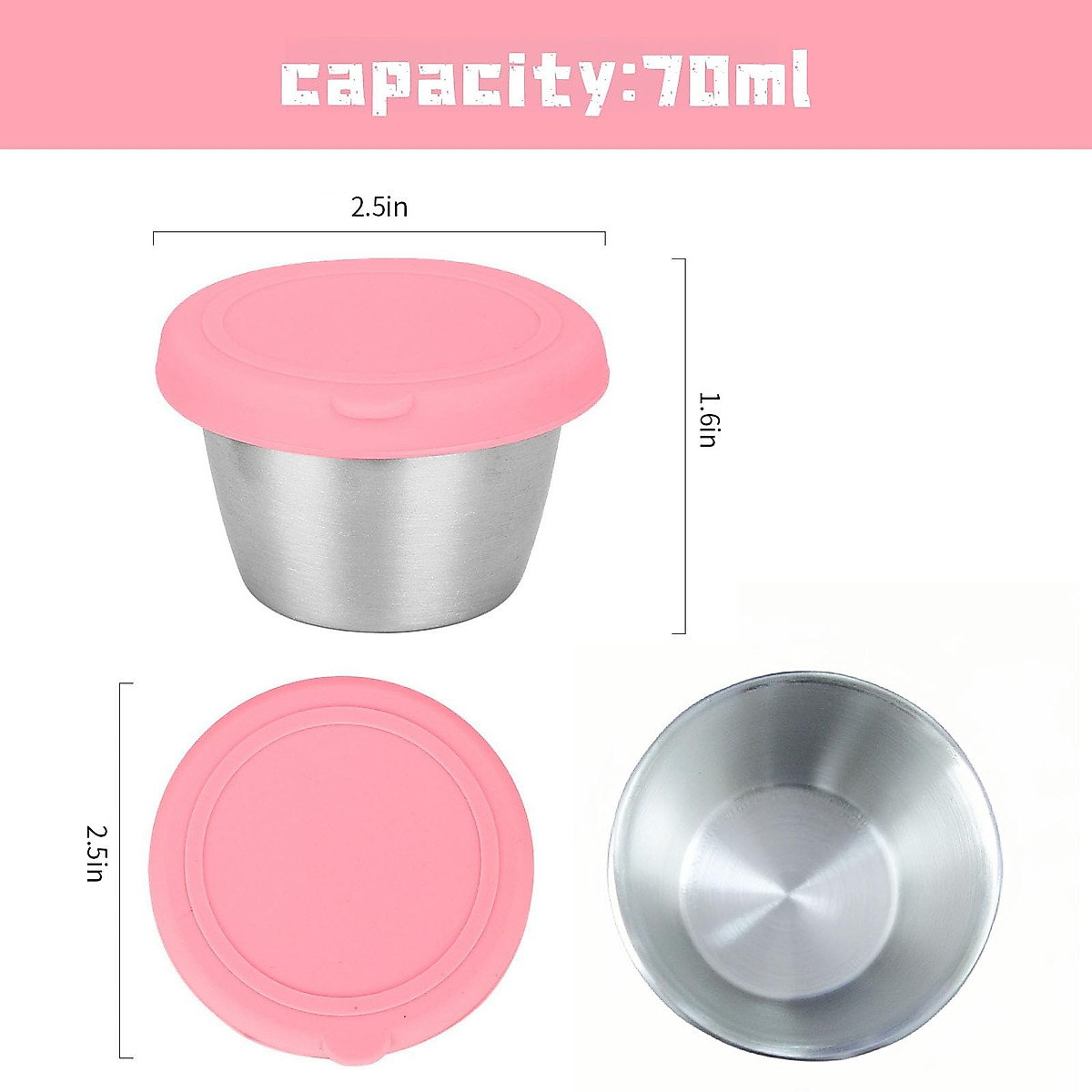 AiFunT 2.4 Oz Stainless Steel Condiment Containers With Lids, Reusable Leak Proof Dressing Containers With Lids, Sauce Containers For Lunch Box 6 Pcs