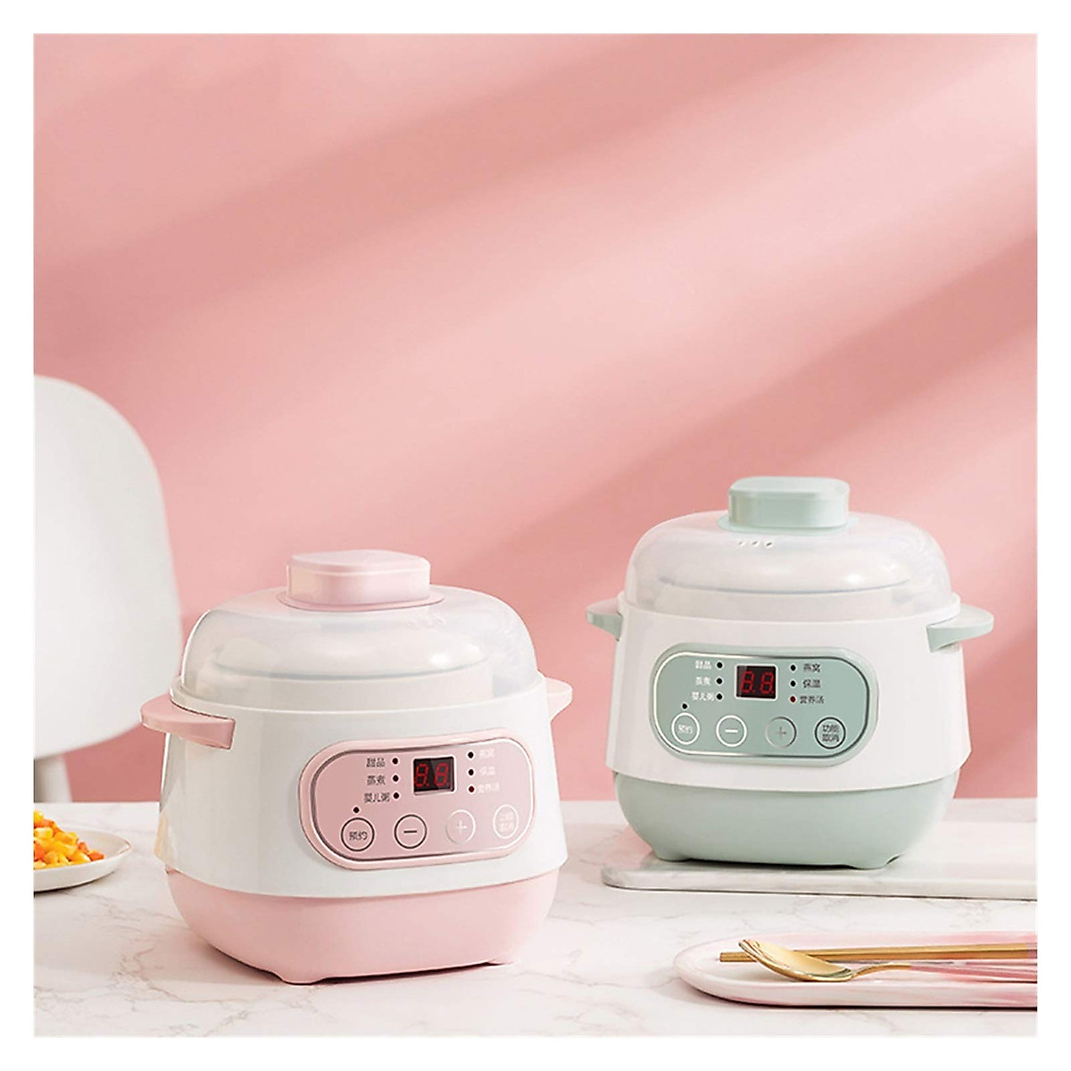 Intelligent Electric Slow Cooker Ceramics Water Stew Pot 200W Smart Reservation+Timing Electric Cooker Stew 1L Household (Color : Pink)
