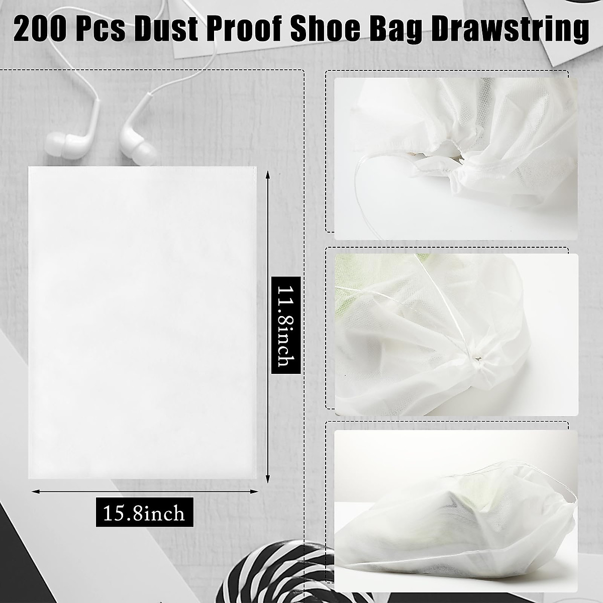 Sweetude 200 Pcs Dust Proof Shoe Bag Drawstring Shoe Storage Bag Non Woven Fabric Handbag Shoe Covers for Travel Breathable Pouch Portable Storage Organizer for Purse Boot, 11.81 x 15.75 Inch (White)