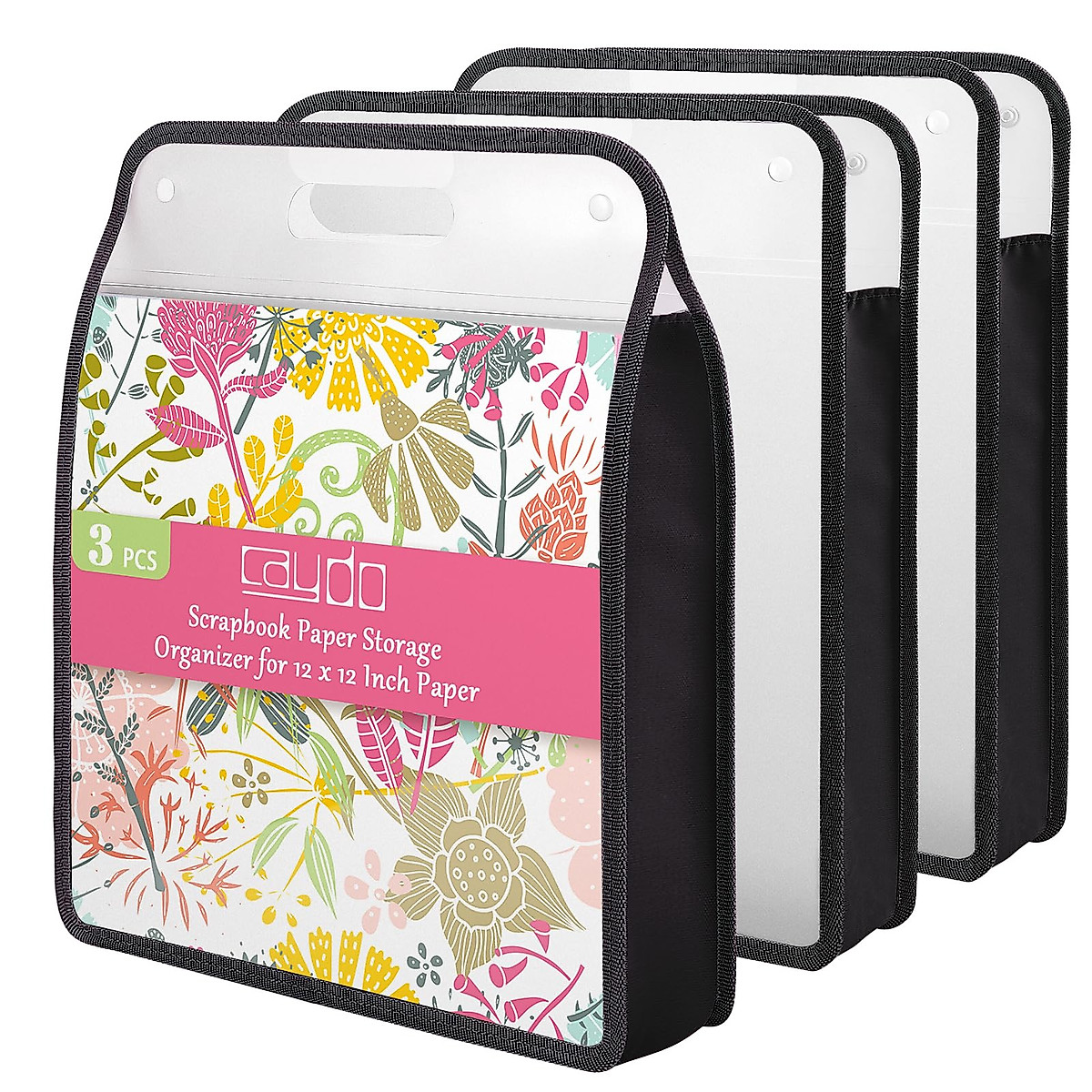 Caydo Scrapbook Paper Organizer, 3 Pack Black Expanding Paper Folio with Handle, Clear Portable Scrapbook Paper Storage for Holding 12 x 12 Inch Scrapbook, Vinyl Paper