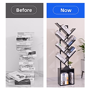 YSVCO 7 Tier Tree Bookshelf, Tall Narrow Wood Book Shelf, Freestanding Bookcase with Storage Cabinet, Floor Standing Display Storage Shelf for CD/Book, Living Room, Home Office Black BS36BS