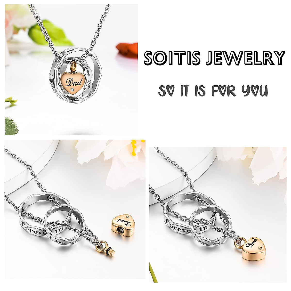 SOITIS Urn Necklace for Ashes Stainless Steel Cremation Necklace with Heart Waterproof Ashes Necklace Memorial Keepsake for Dad