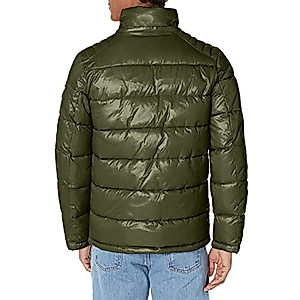 GUESS Men's Mid-Weight Puffer Jacket with Removable Hood, Army Green, Large