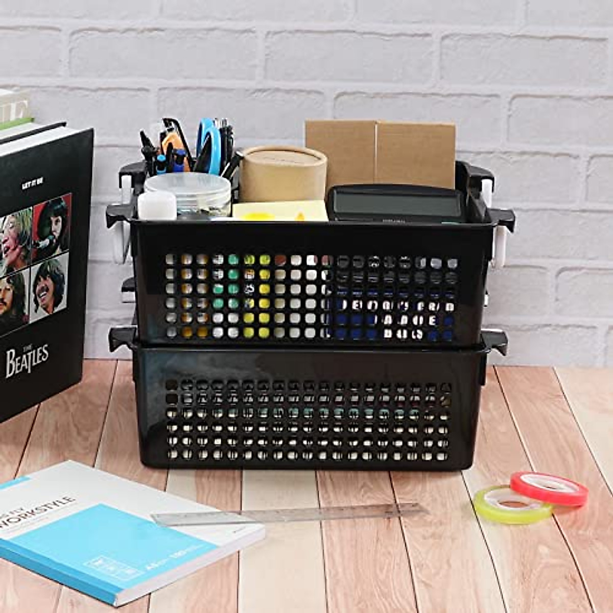 Jekiyo 4 Packs Plastic Basket with Handle, Black Stackable Baskets for Storage