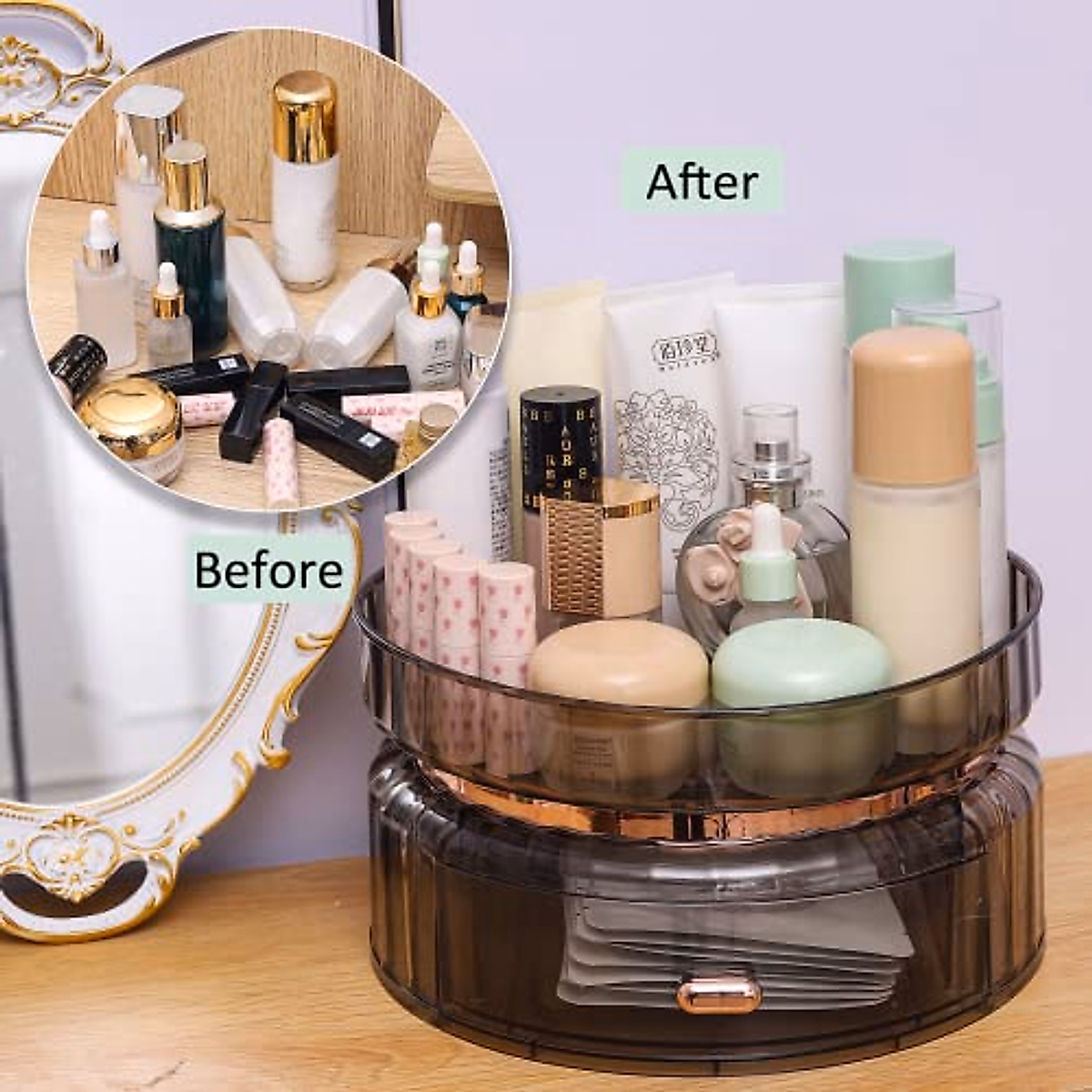 Cq acrylic 360 Rotating Makeup Organizer for Vanity,Bathroom Countertop Organizer Spinning Organizer with Drawer,Large Capacity Cosmetics Storage Box Skin Care Organizers for Bedroom Vanity Desk,Grey