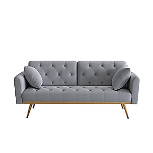 68.3" Grey Velvet Couch, Tufted Loveseat Sofa, Convertible Futon Sofa Bed, Accent Sofa Recliner, Golden Metal Legs, 2 Couch Pillows, Mid Century Modern Sofas for Home Living Room Bedroom