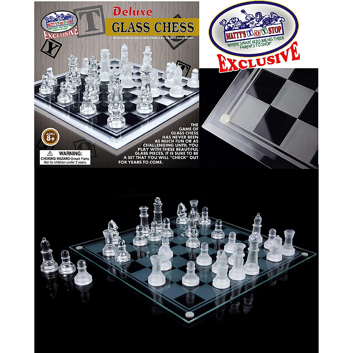 Matty's Toy Stop Deluxe Clear & Frosted Glass Chess Set (10") Small