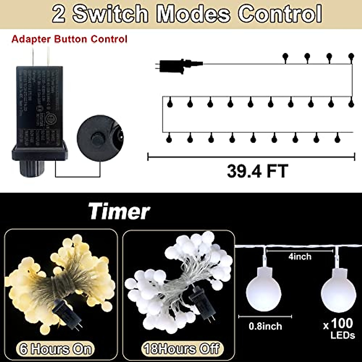 TURNMEON 100 LED 39.4 Ft Christmas Lights Globe String Lights Decor, Timer 8 Modes Plug in Fairy Lights for Bedroom Indoor Outdoor Christmas Decoration Home Yard Garden Xmas Tree Decor (Warm White)