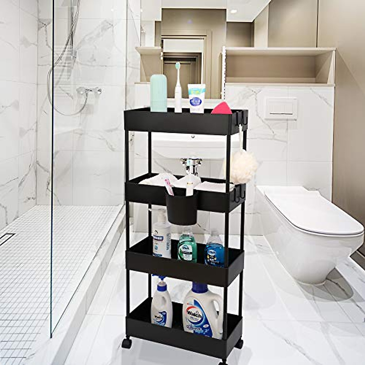 JAKAGO 4-Tier Utility Rolling Storage Cart Slim Mobile Shelves on Wheels Multi-Function Trolley with Mesh Basket Storage Organizer Rack for Kitchen Pantry Bathroom Laundry (Black)