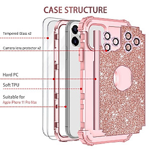 LONTECT for iPhone 11 Pro Max Case Glitter Sparkly Bling 3 in 1 Shockproof Heavy Duty Full Body Sturdy Protective Case for Apple iPhone 11 Pro Max with 2 Screen Protector+2 Camera Protector,Rose Gold