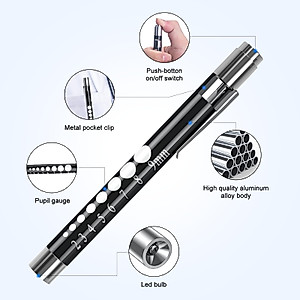 CAVN Pen Lights for Nurses, 3-Pack Reusable Medical Penlights with Pupil Gauge for Nursing Doctor Students White Light, Nurse Gifts, Black/White/Rose Gold