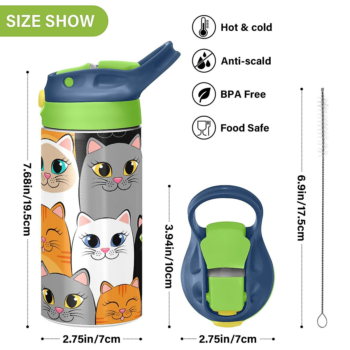 Cute Kittens Water Bottle with Straw Lid for Kids, Insulated Stainless Steel Thermoses for School Boys Girls, 12oz