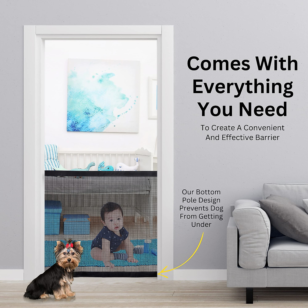 Dog Gates for The House,JG Baby Retractable Mesh Dog Gate,for No Drilling Portable Folding Child's Baby Gates Install Anywhere 3 Poles Avoid Pets from Passing Underneath 30'' X 39'', 3 Poles 8 Hooks