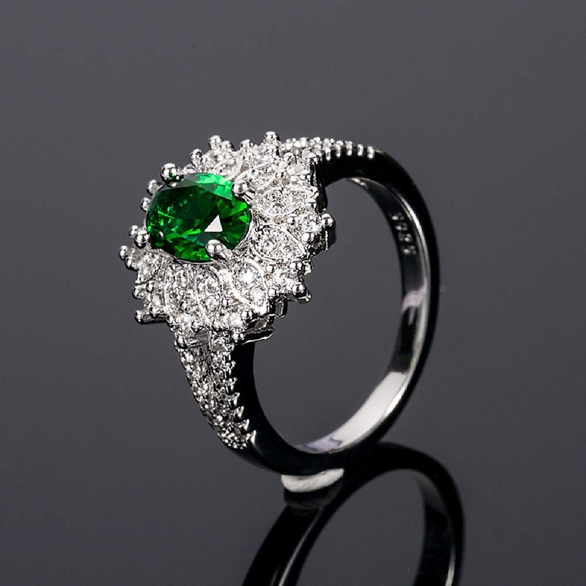 GUIDECUN Silver Plated Oval Cut Created Emerald May Birthstone Ring with Shining White Cubic Zirconia Simulated Diamond Halo (US size 10)