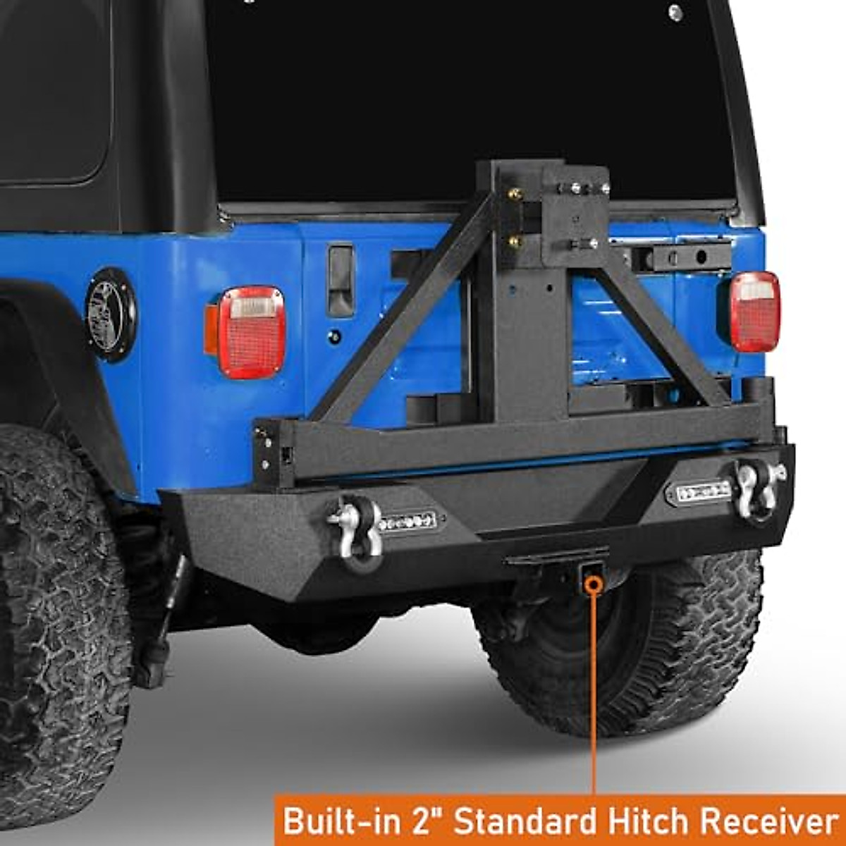 Hooke Road Wrangler TJ Rear Bumper with Tire Carrier + Front Bumpers Combo Compatible with Jeep Wrangler TJ 1997-2006