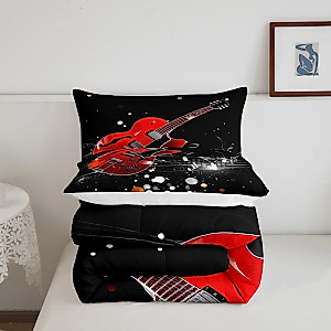 Castle Fairy Red Guitar Full Size Comforter Set Rock Music Theme Bedding Set for Kids Adults Teens Musical Instrument Comforter Luxury Music Note Quilt Set Room Decor 3Pcs