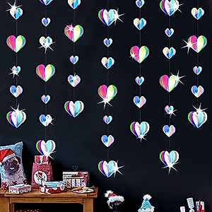 24Pcs 3D Iridescent Heart Garlands Holographic Birthday Party Streamers Anniversary Home Ceiling Décor Engagement Wedding Baby Shower Graduation Classroom Party Supplies