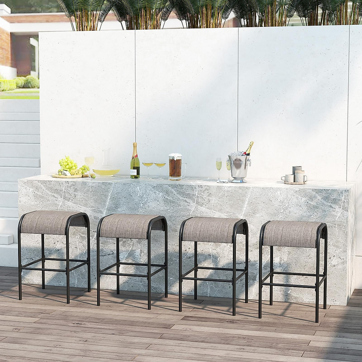 Tangkula Outdoor Bar Stools Set of 4, 30" Bar Height Bistro Stools with Breathable Fabric Seat & Heavy-Duty Metal Frame, Backless Bar Chairs with Curved Seats for Patio, Poolside, Backyard (4, Coffee)