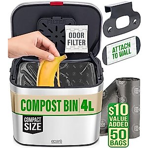 Eparé Kitchen Compost Bin Countertop - 4L/1 Gal Odorless Small Stainless Steel Composting Bin - Hanging Food & Waste Counter Top Trash Can - with 50 Compostable Trash Bags & Carbon Filter