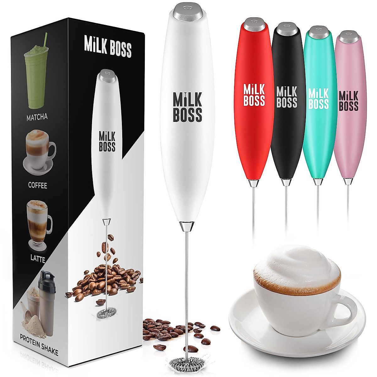 Milk Boss Matcha Whisk - Handheld Electric Stirrer - Matcha Frother Wand & Drink Mixer - Electric Whisk for Matcha Tea & Green Tea - Durable Stainless Steel Matcha Blender - White Powerful Frother