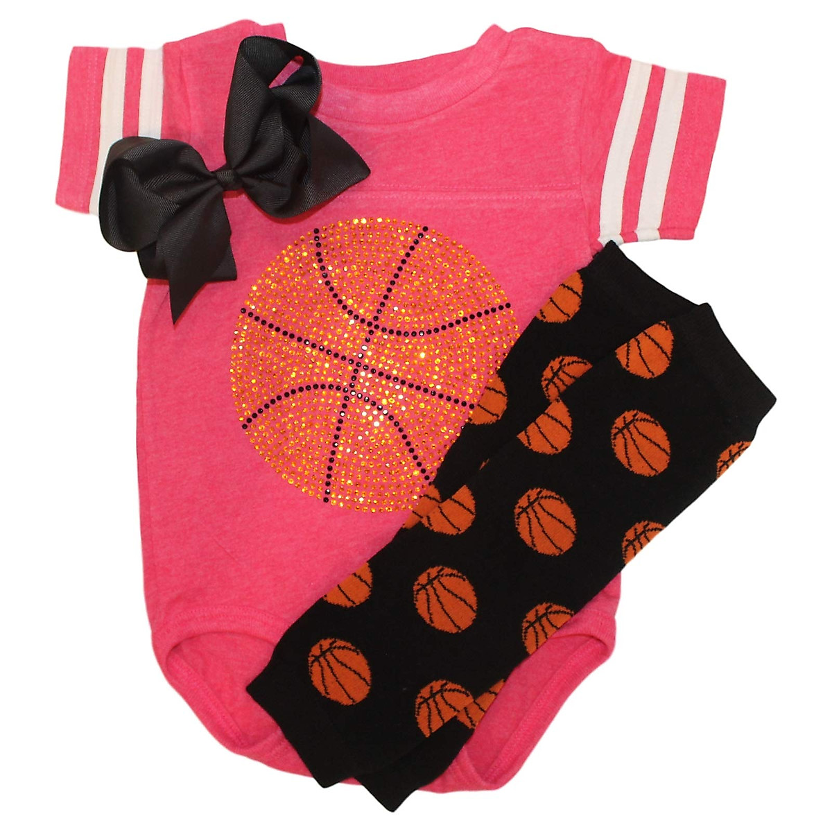 FanGarb Rhinestone Baby Girls Basketball Pink Team Color Sport Outfit with Bow & Leg Warmers 24mo