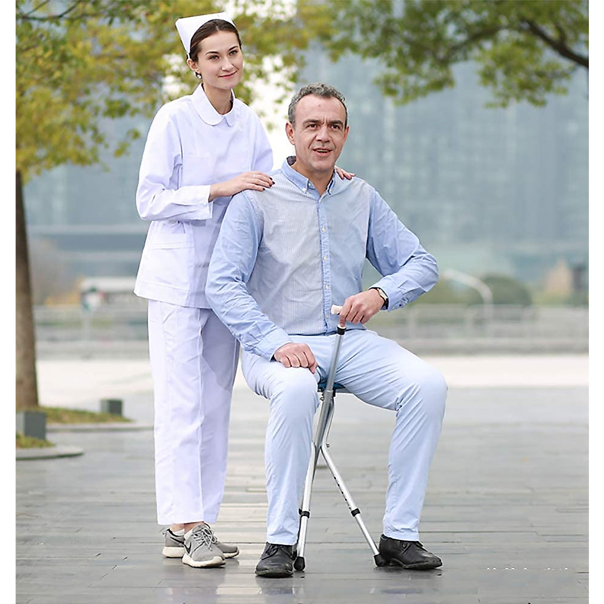 Tripod Walking Stick Seat,Folding Massage Cane Seat,Crutch Chair,Lightweight Robust Three Legged Stick with Stool,Aluminum Alloy,for Elder Waiting in