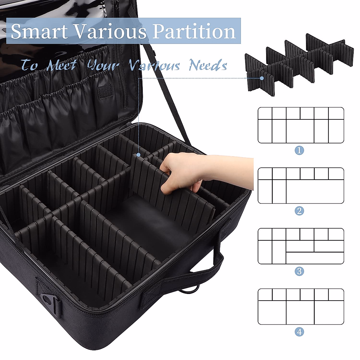 gzcz Large Capacity Travel Makeup Train Case 16.5 Inches Professional Makeup Cosmetic Case Portable Artist Cosmetics Brushs Organizer Storage Bag With Adjustable Dividers And Shoulder Strap (Black)