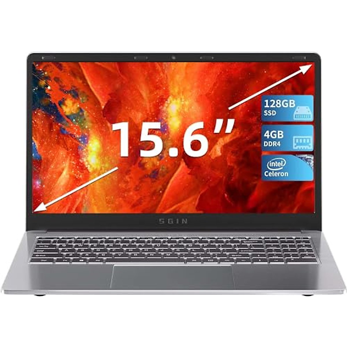 SGIN 15.6 Inch Laptop, 4GB DDR4 RAM 128GB SSD Laptops Computer, Notebook with Intel Celeron Processor, Intel UHD Graphics, USB3.0, Mini HDMI, WiFi, Bluetooth 4.2, Webcam