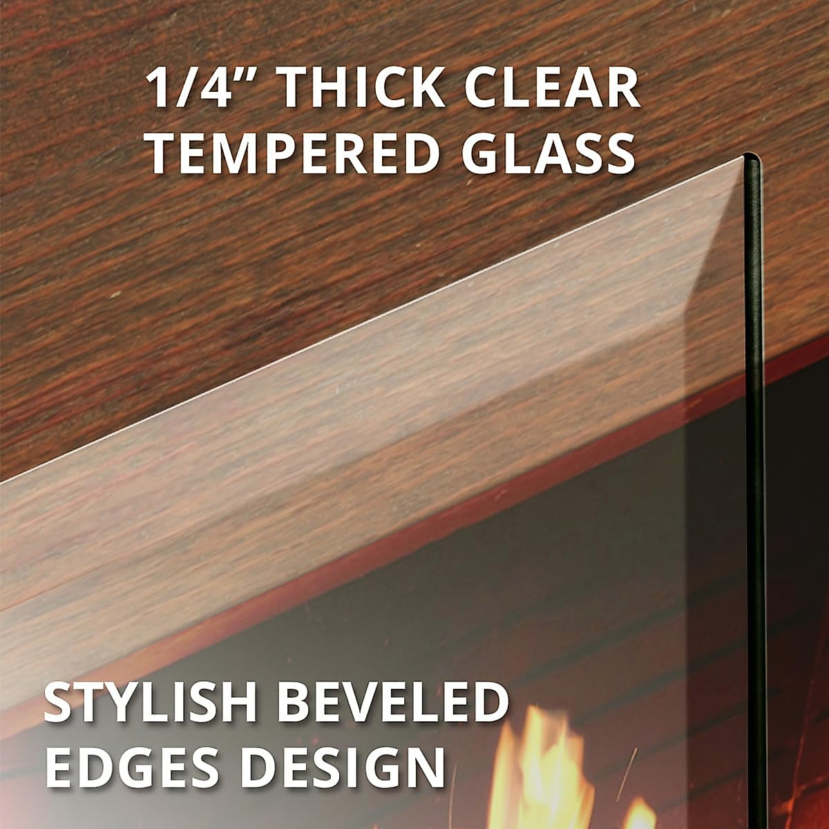 Premium Tempered Glass Fireplace Screen with Exclusive Beveled Edge | 29" H x 39" W Glass (30” H Installed) | Clear Glass, Metal Black Base | The Ultimate in Home Elegance by Clearly Innovative