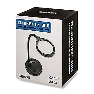Carson DeskBrite300 COB LED Lighted 2x Aspheric Magnifier & Desk Lamp with 5x Spot Lens with Included USB-C Power Adapter (LM-30)., Black, Medium
