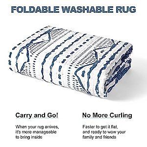 Area Rug Living Room Rugs - 5x7 Machine Washable Moroccan Geometric Neutral Soft Low Pile Stain Resistant Large Thin Rug Floor Carpet for Bedroom Under Dining Table Home Office - Navy Blue