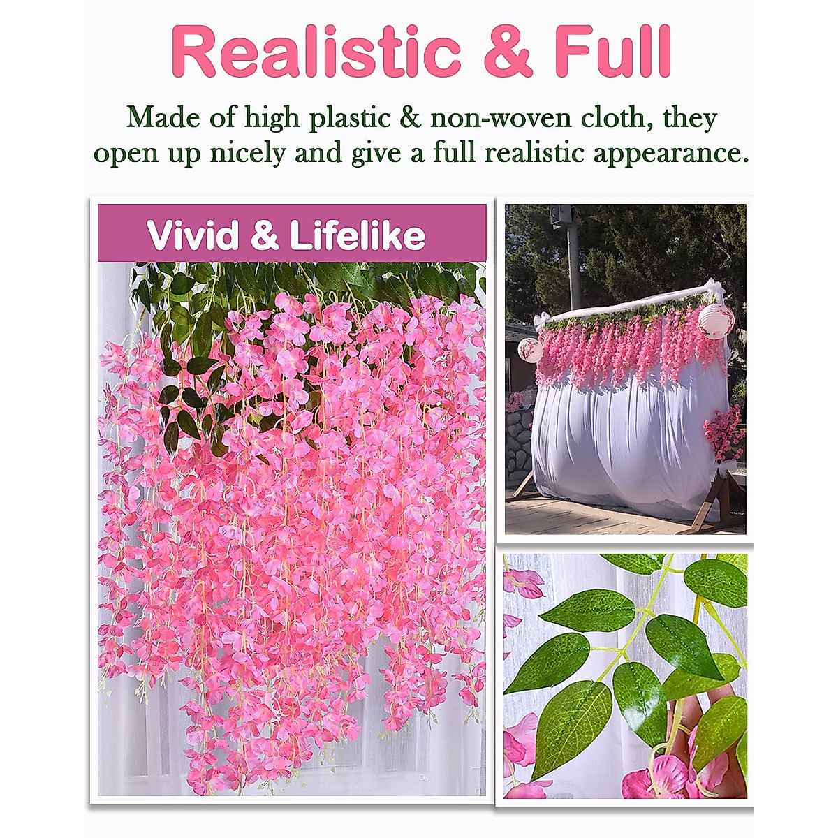 Shitime 12 Pack 43" Artificial Flower Wisteria Hanging Flowers, Vine Ratta Garlands for Home Party Wedding Garden Outdoor Office Wall Decoration. (Pink)