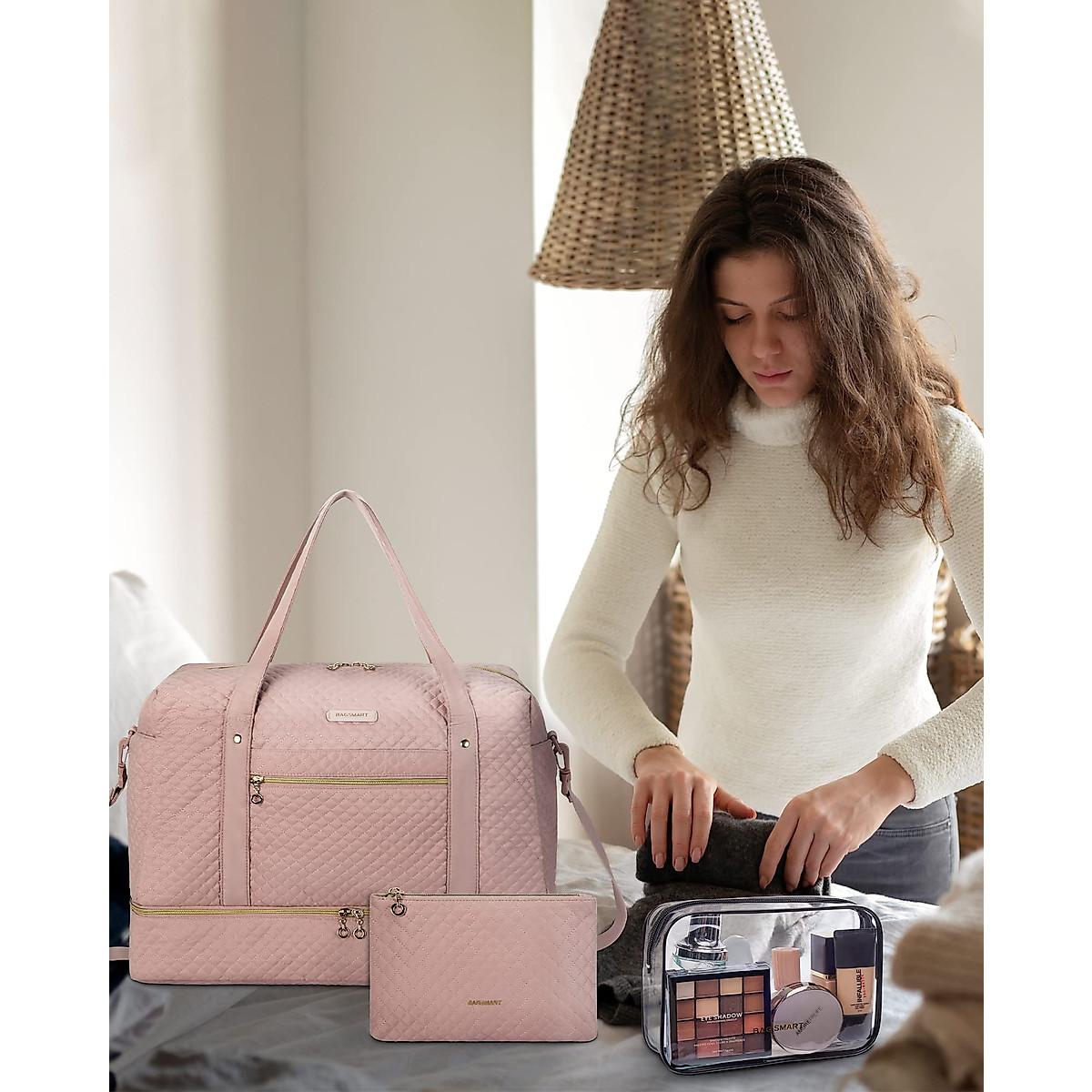 BAGSMART Travel Duffle Bag 3 Pcs Set Weekender Overnight Bag for Women with Makeup Bag & Clear Toiletry Bag, Carry On Bag with Shoe Compartment for Travel, Business Trips(Pink)