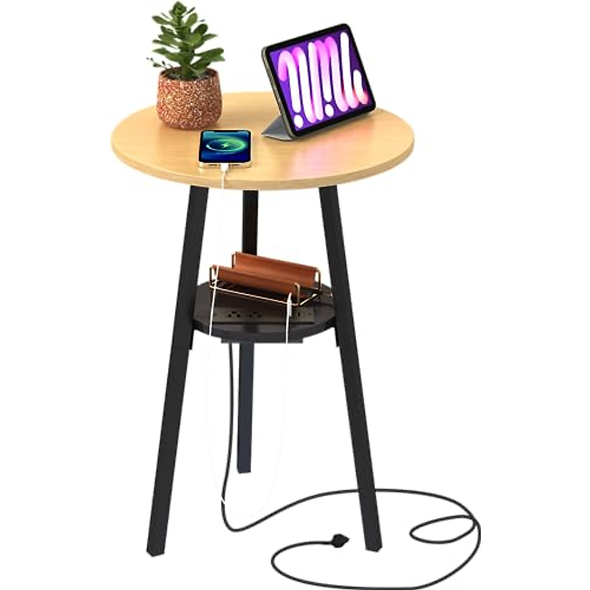 IRCPEN Round End Table with Charging Station, 2-Tier Small Round Table with USB Ports & Power Outlets, Rustic Vintage Nightstand Bedside Table Sofa Table for Bedroom, Living Room (Natural)